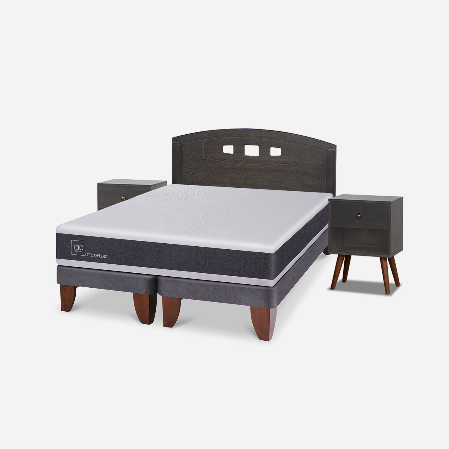 Cama Europea 2 Plazas Ortopedic Base Dividida + Set Gales Gris | CIC