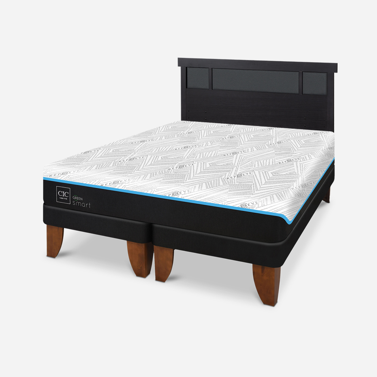 Cama Europea King Green Infinity + Respaldo Dublín Negro | CIC